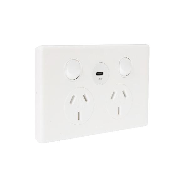 Double Powerpoint with USB Charger | 10A 60W Type C | Gloss White by ...
