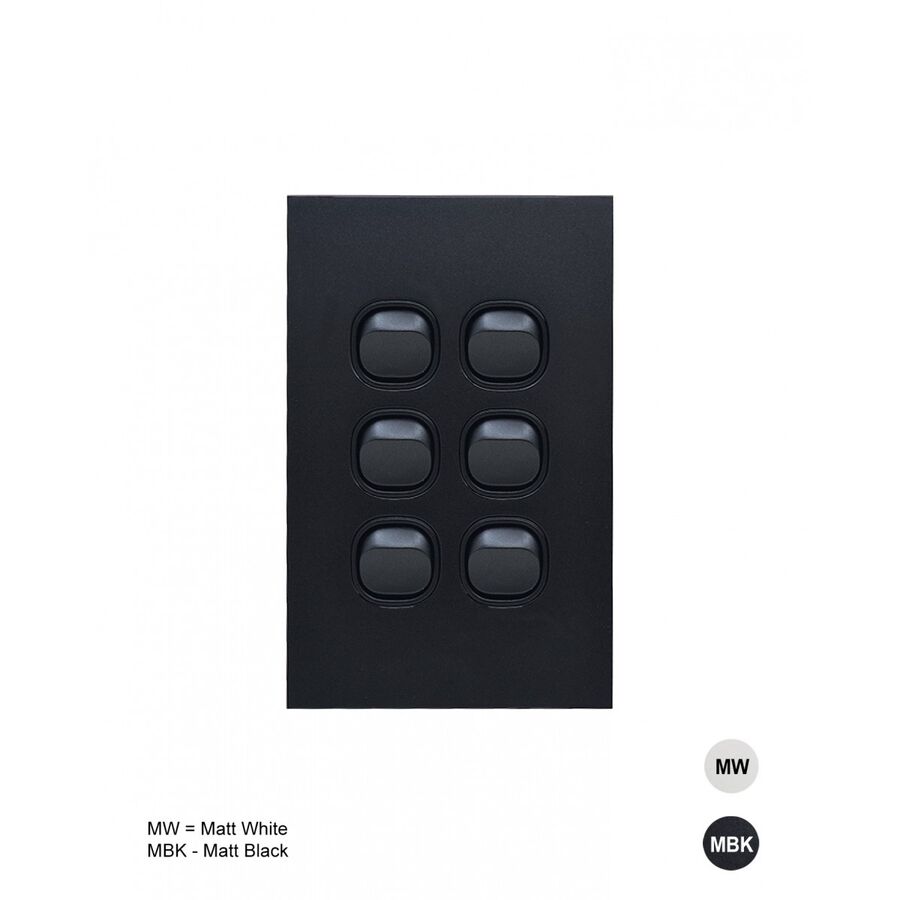 Vertical 6 Gang Switch 16AX/20A 250V Matt White Trader - CLSWV6GMW