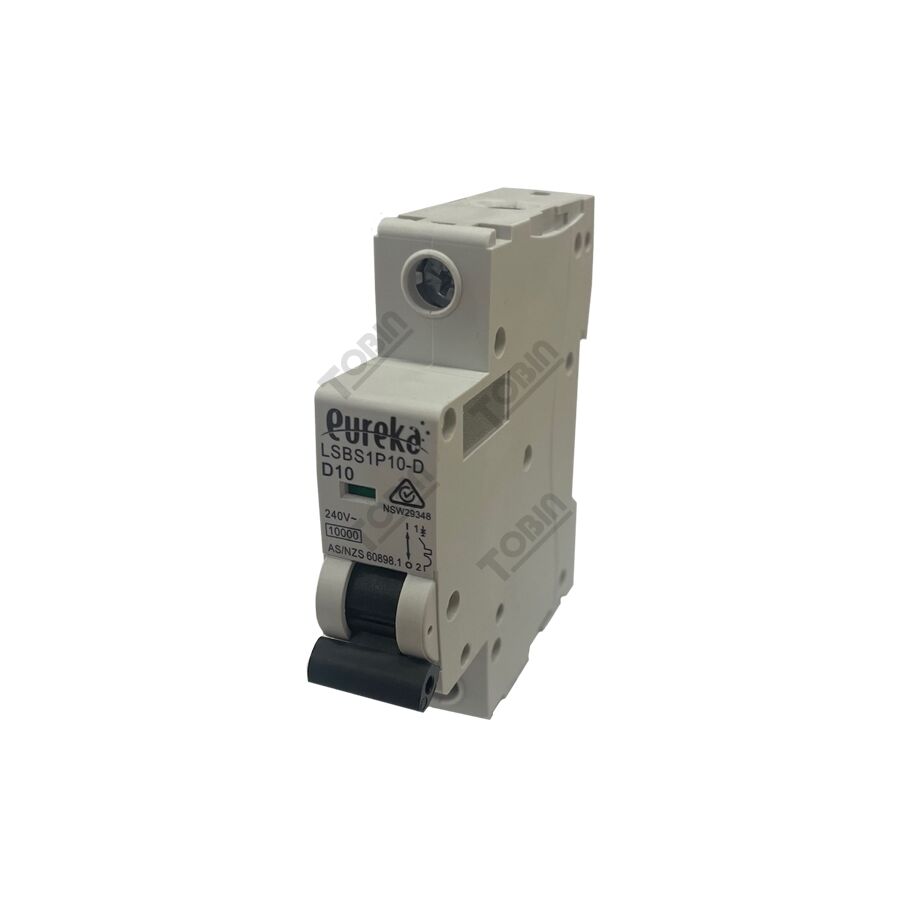MCB EUREKA 1 Pole 10A D Curve Circuit Breaker | 10kA Breaking Capacity | by Tobin - LSBS1P10-D